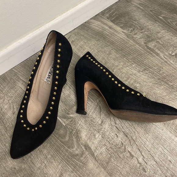 Escada | Shoes | Vintage Designer 999s Escada Suede Black With Gold ...